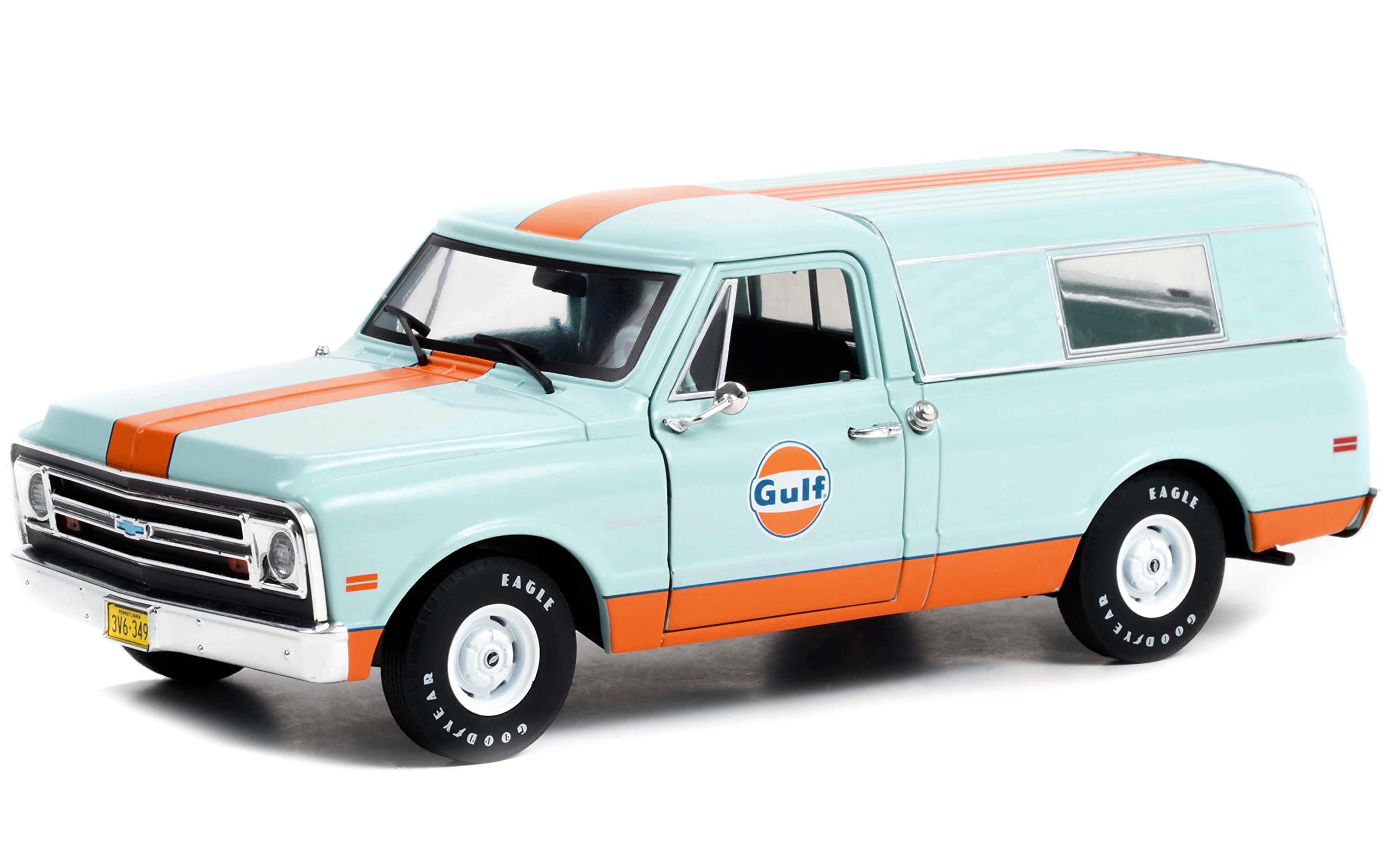 Toy Cars 1968 Chevy C-10 Pickup Truck Light Blue w/Orange Stripes w/Camper Shell Gulf Oil Running on Empty Series 5 1/24 Diecast Model Car by Greenlight 85062