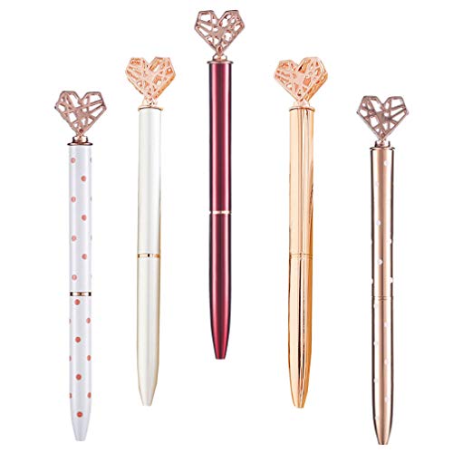 NUOBESTY 5pcs Metal Ballpoint Pens with Heart Topper Multicolor Metal Gel Ink Pens Stylus Signature Pens Stationery Supplies School Reward Assorted Color