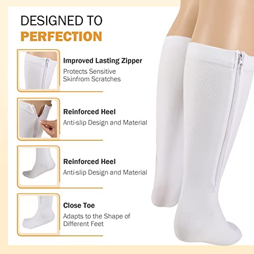 Plus Size Zipper Compression Socks Women Men 15-20mmhg Closed Toe Compression Stocking Knee High Compression Socks with Zipper Calf Zip up Support Hose for Walking Running, White