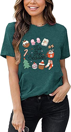 Womens Christmas 'Tis The Season T-Shirt Funny Xmas Theme Print Round Neck Shirt Christmas Holiday Graphic Tee Tops Casual Blouse(A-Green L)