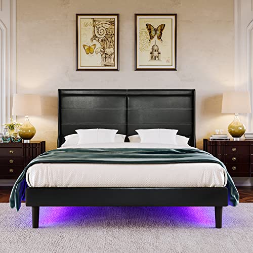 Arisaniasion Queen Size Bed Frame with LED Light Square Stitched Adjustable Headboard Strong Bed, Remote Control Control LED Lights, No Box Spring Needed, Noise Free, Easy Assembly (Black)