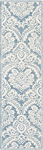 SAFAVIEH Blossom Collection Runner Rug - 2'3" x 12', Blue & Ivory, Handmade Wool, Ideal for High Traffic Areas in Living Room, Bedroom (BLM106M)