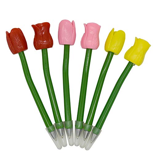 Maydahui 6PCS Flower Ballpoint Pen Colorful Rose Tulip Plant Pens Black Gel Ink Desktop Decoration for Teachers Girls Party Valentine's Day