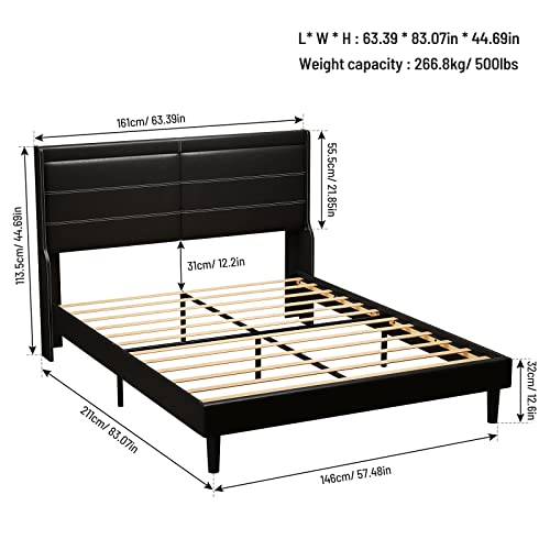 Arisaniasion Queen Size Bed Frame with LED Light Square Stitched Adjustable Headboard Strong Bed, Remote Control Control LED Lights, No Box Spring Needed, Noise Free, Easy Assembly (Black)