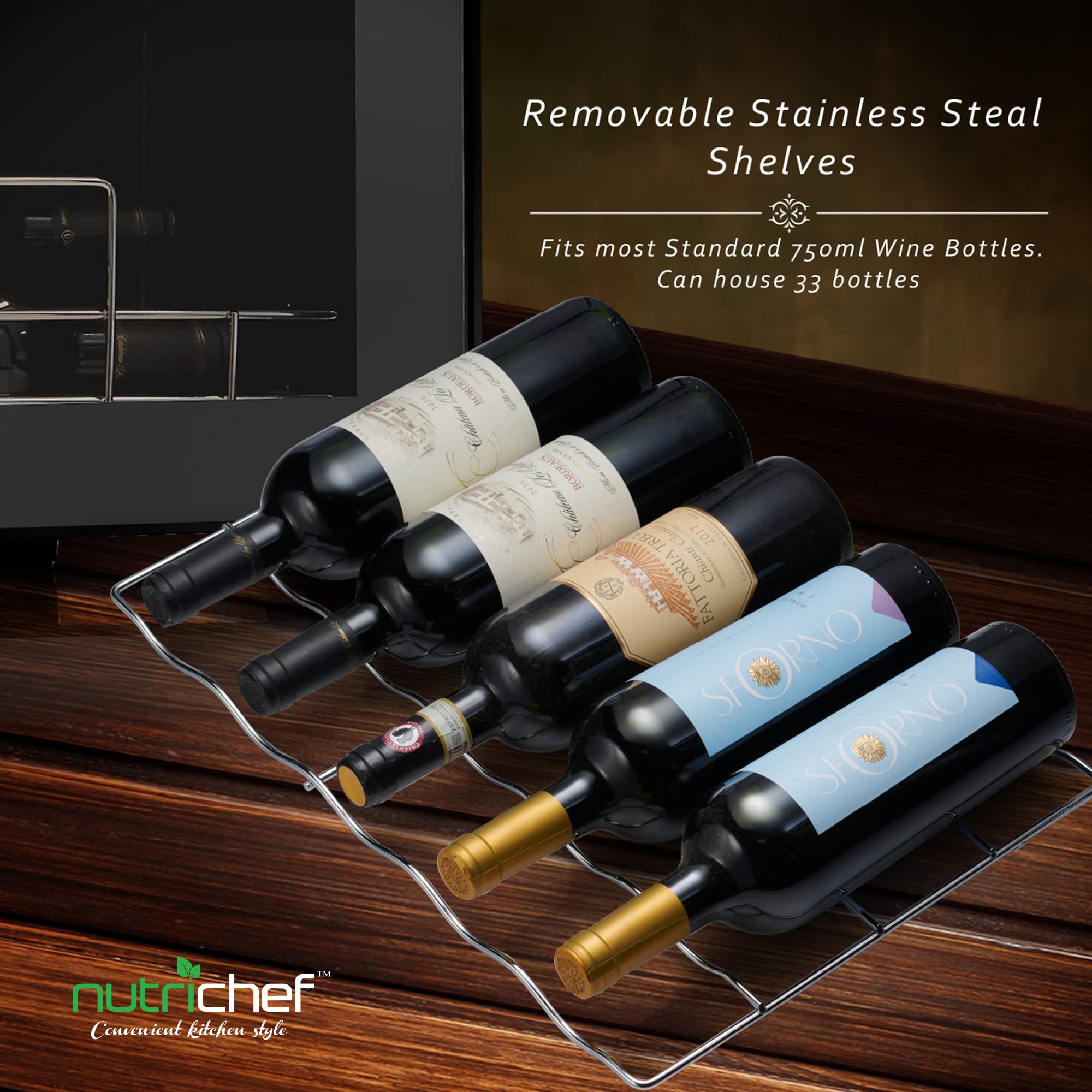 Nutrichef 33 Bottle Wine Fridge | Dual Zone Wine Chiller | Adjustable Temperature 41°F to 64°F | Ultra Quiet Operation | Wine Cooler For Home, & Office | Free Standing 33x19x17 IN | Black