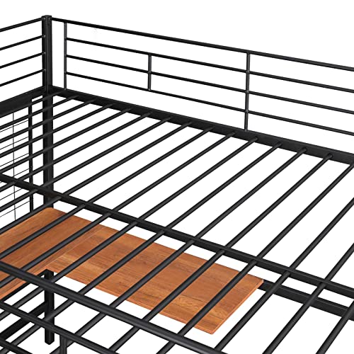 TMEOSK Full Size Metal Loft Bed Frame with L-Shape Desk and Decoration Metal Grid, Space Saving Loft Bed with Ladder and Safety Guardrail for Boys Girls Teens Adults, No Box Spring Needed (Black)