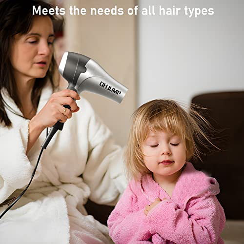 OHJUMP Mini Travel Hair Dryer Blow Dryer with Diffuser,Portable Small Dual Voltage Compact Hairdryer,EU Plug,1875W,Powerful Fast Dry,Folding Handle,Diffuser Hair Dryer( Silvery)