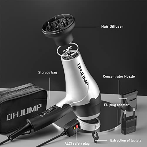 OHJUMP Mini Travel Hair Dryer Blow Dryer with Diffuser,Portable Small Dual Voltage Compact Hairdryer,EU Plug,1875W,Powerful Fast Dry,Folding Handle,Diffuser Hair Dryer( Silvery)