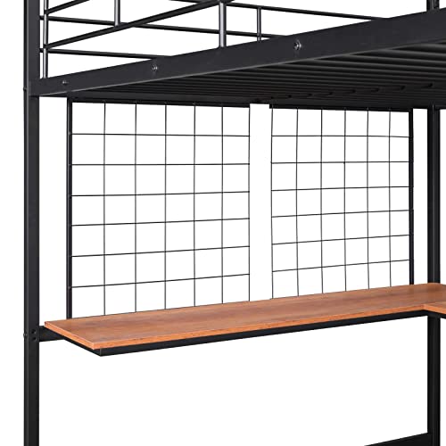 TMEOSK Full Size Metal Loft Bed Frame with L-Shape Desk and Decoration Metal Grid, Space Saving Loft Bed with Ladder and Safety Guardrail for Boys Girls Teens Adults, No Box Spring Needed (Black)
