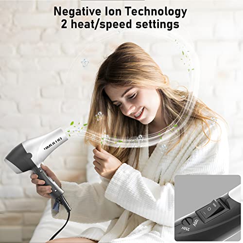 OHJUMP Mini Travel Hair Dryer Blow Dryer with Diffuser,Portable Small Dual Voltage Compact Hairdryer,EU Plug,1875W,Powerful Fast Dry,Folding Handle,Diffuser Hair Dryer( Silvery)