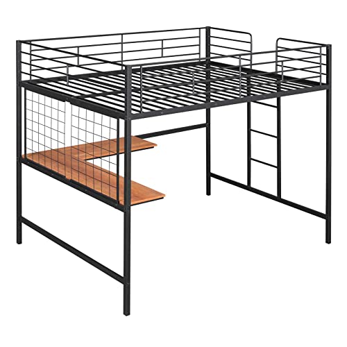 TMEOSK Full Size Metal Loft Bed Frame with L-Shape Desk and Decoration Metal Grid, Space Saving Loft Bed with Ladder and Safety Guardrail for Boys Girls Teens Adults, No Box Spring Needed (Black)