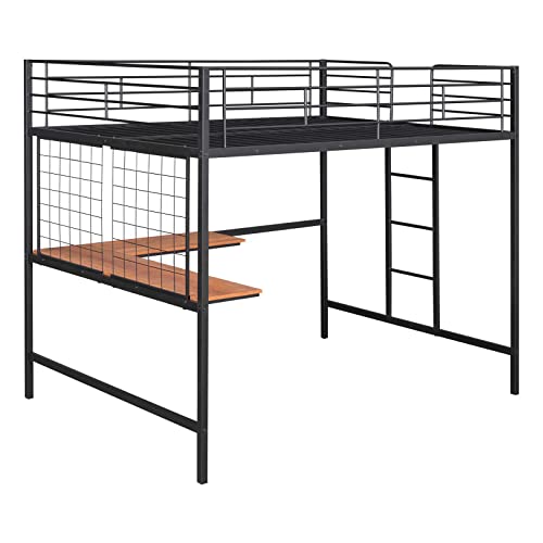 TMEOSK Full Size Metal Loft Bed Frame with L-Shape Desk and Decoration Metal Grid, Space Saving Loft Bed with Ladder and Safety Guardrail for Boys Girls Teens Adults, No Box Spring Needed (Black)