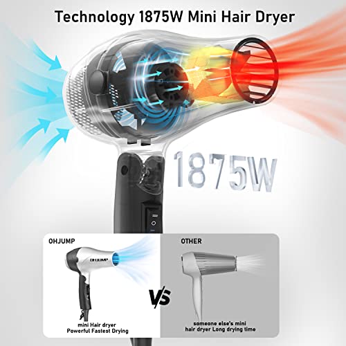 OHJUMP Mini Travel Hair Dryer Blow Dryer with Diffuser,Portable Small Dual Voltage Compact Hairdryer,EU Plug,1875W,Powerful Fast Dry,Folding Handle,Diffuser Hair Dryer( Silvery)