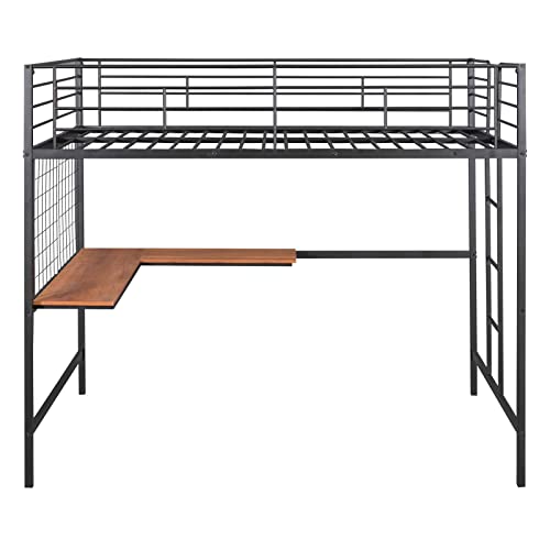 TMEOSK Full Size Metal Loft Bed Frame with L-Shape Desk and Decoration Metal Grid, Space Saving Loft Bed with Ladder and Safety Guardrail for Boys Girls Teens Adults, No Box Spring Needed (Black)
