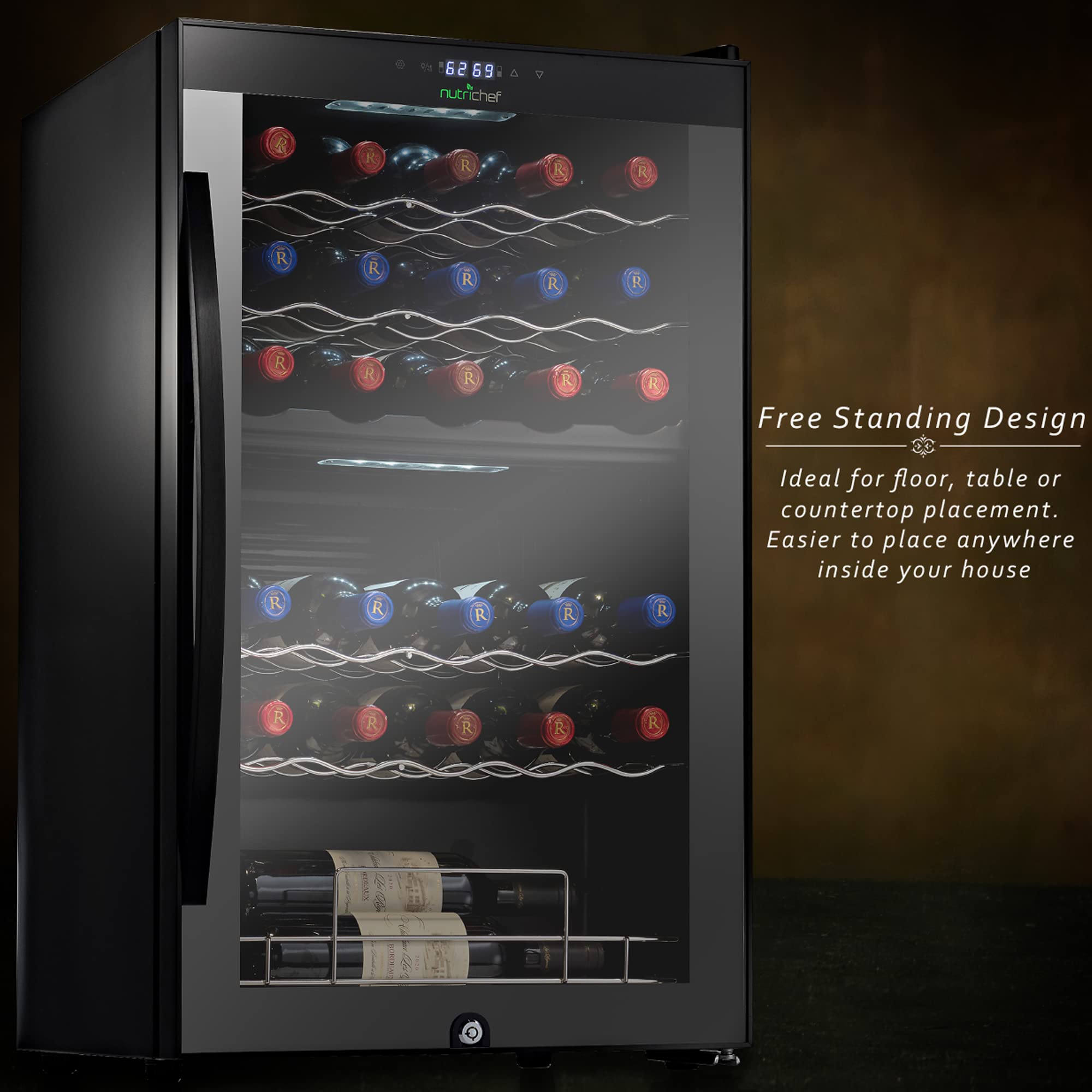 Nutrichef 33 Bottle Wine Fridge | Dual Zone Wine Chiller | Adjustable Temperature 41°F to 64°F | Ultra Quiet Operation | Wine Cooler For Home, & Office | Free Standing 33x19x17 IN | Black