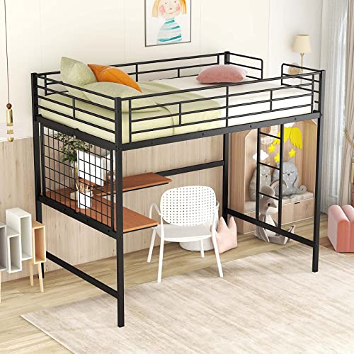 TMEOSK Full Size Metal Loft Bed Frame with L-Shape Desk and Decoration Metal Grid, Space Saving Loft Bed with Ladder and Safety Guardrail for Boys Girls Teens Adults, No Box Spring Needed (Black)