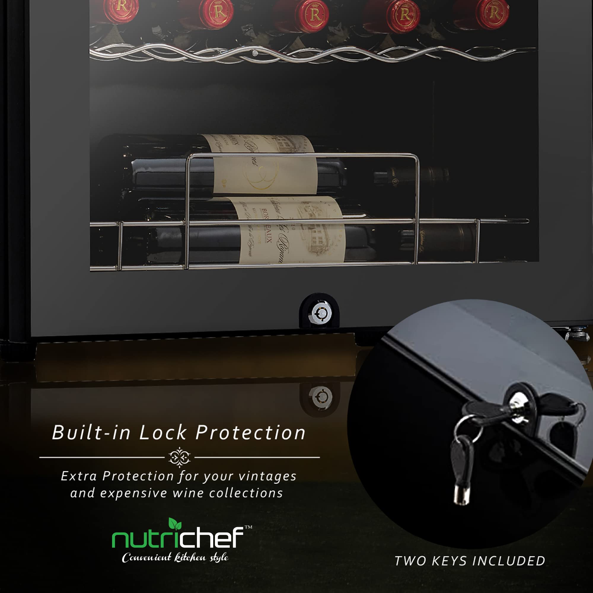 Nutrichef 33 Bottle Wine Fridge | Dual Zone Wine Chiller | Adjustable Temperature 41°F to 64°F | Ultra Quiet Operation | Wine Cooler For Home, & Office | Free Standing 33x19x17 IN | Black