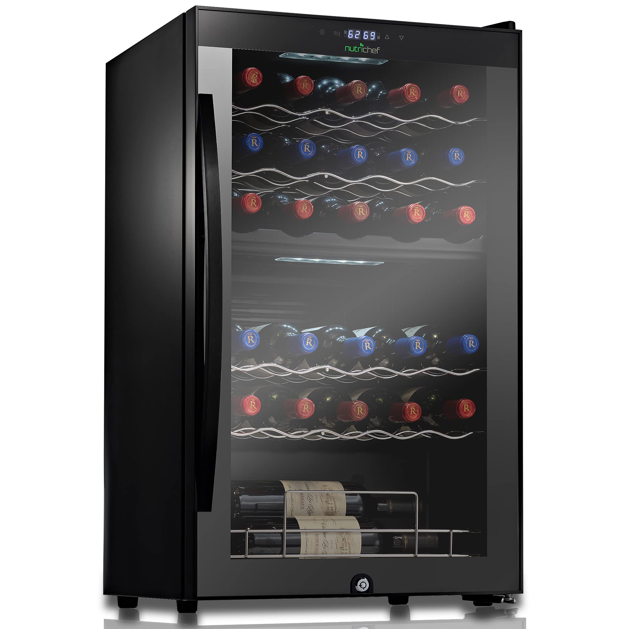 Nutrichef 33 Bottle Wine Fridge | Dual Zone Wine Chiller | Adjustable Temperature 41°F to 64°F | Ultra Quiet Operation | Wine Cooler For Home, & Office | Free Standing 33x19x17 IN | Black