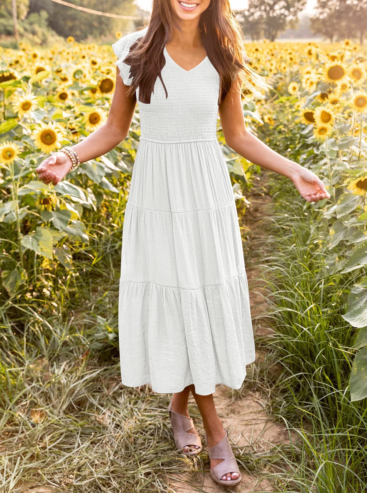 MEROKEETY Women's 2024 Summer Smocked V Neck Tiered Swing Long Midi Dress with Pockets, White, S