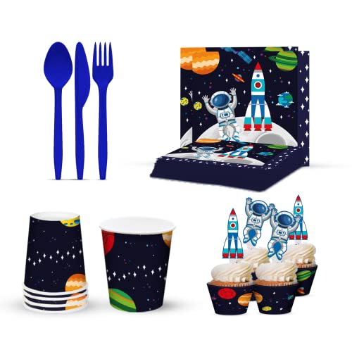My Greca Space Birthday Party Decorations β (Serves 20) - Space Themed Party Supplies Set - Plates, Cups, Napkins, Cupcake Toppers & Wrappers, Happy Birthday Banner, Table Cover, Balloon Garland Kit
