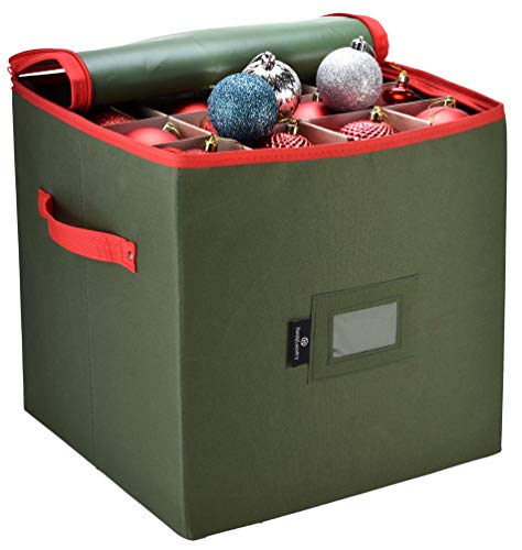 Christmas Ornament Storage - Stores up to 64 Holiday Ornaments, Adjustable Dividers, Covered Top, Two Handles. Attractive Storage Box Keeps Holiday Decorations Clean and Dry for Next Season. (Green)