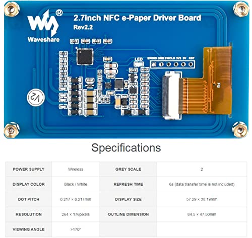 waveshare 2.7inch Passive NFC-Powered e-Paper Module, 264 × 176 Pixels Black and White Display Color, No Battery Needed, No Messy Wiring Wireless Powering & Data Transfer Android APP Provided