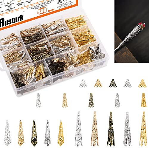Rustark 400Pcs 5 Colors Long Flower Bead End Caps Spacers Assortment Kit Tibetan Style Hollow Bead Caps Cone Pendant Petal Spacer Beads Assorted Sizes for Jewelry Making Art Crafting