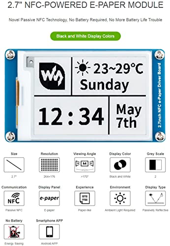 waveshare 2.7inch Passive NFC-Powered e-Paper Module, 264 × 176 Pixels Black and White Display Color, No Battery Needed, No Messy Wiring Wireless Powering & Data Transfer Android APP Provided