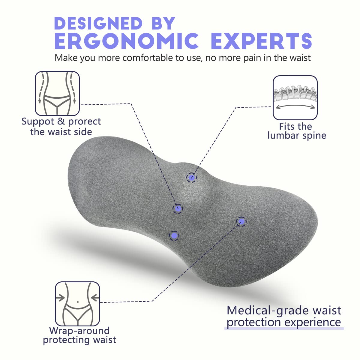Lumbar Support Pillow, Lumbar Pillow for Low Back Pain Relief, Ergonomic Memory Foam Lumbar Pillow, Breathable & Detachable & Washable, Comfy Back Pillow for Office Chairs, Car Seats (Dk Grey, Cotton)