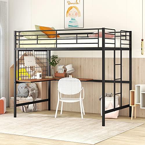 Full Size Loft Bed with Desk and Metal Grid, Metal Loft Bed with Ladder and Full-Length Guardrail for Kids Boys Girls Teens, Hold up to 250lbs, Noise Free Frame, Black