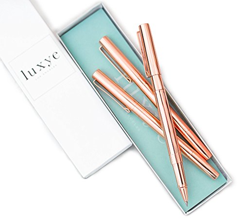 luxye Rose Gold Pens with Rose Gold Pen Cap 3 Pcs Pen Set - Rose Gold Metal Pens - Fine Point Black Gel Ink Cap Pens - Rose Gold Office School Wedding Supplies - In White Box for Women