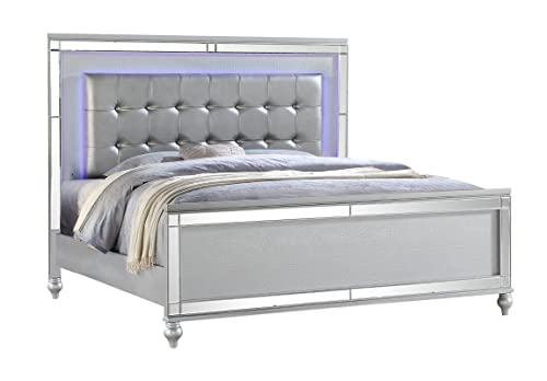 Epinki Queen Size Upholstered Led Bed Made with Wood in Silver Color, Bed Frame, Easy Assembly