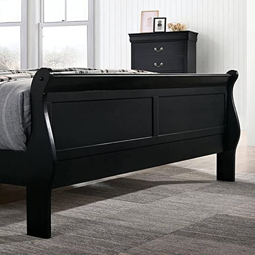 Epinki California King Size Bed Black Wood 1Pc Bed Bedroom Sleigh Bed, Bed Frame, Easy Assembly