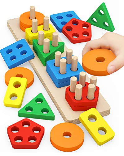 Montessori Toys for 1 to 3-Year-Old Boys Girls Toddlers, Wooden Sorting & Stacking Toys for Toddlers and Kids Preschool, Educational Toys, Color Recognition Stacker Shape Sorter, Learning Puzzles Gift