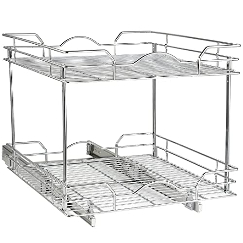 OCG Pull Out Cabinet Shelves 11" W x 18" D, 2 Tier Slide Out Cabinet Organizer, Sliding Drawer for Cabinet, Chrome Plated