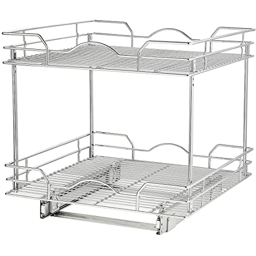 OCG Pull Out Cabinet Shelves 11" W x 18" D, 2 Tier Slide Out Cabinet Organizer, Sliding Drawer for Cabinet, Chrome Plated