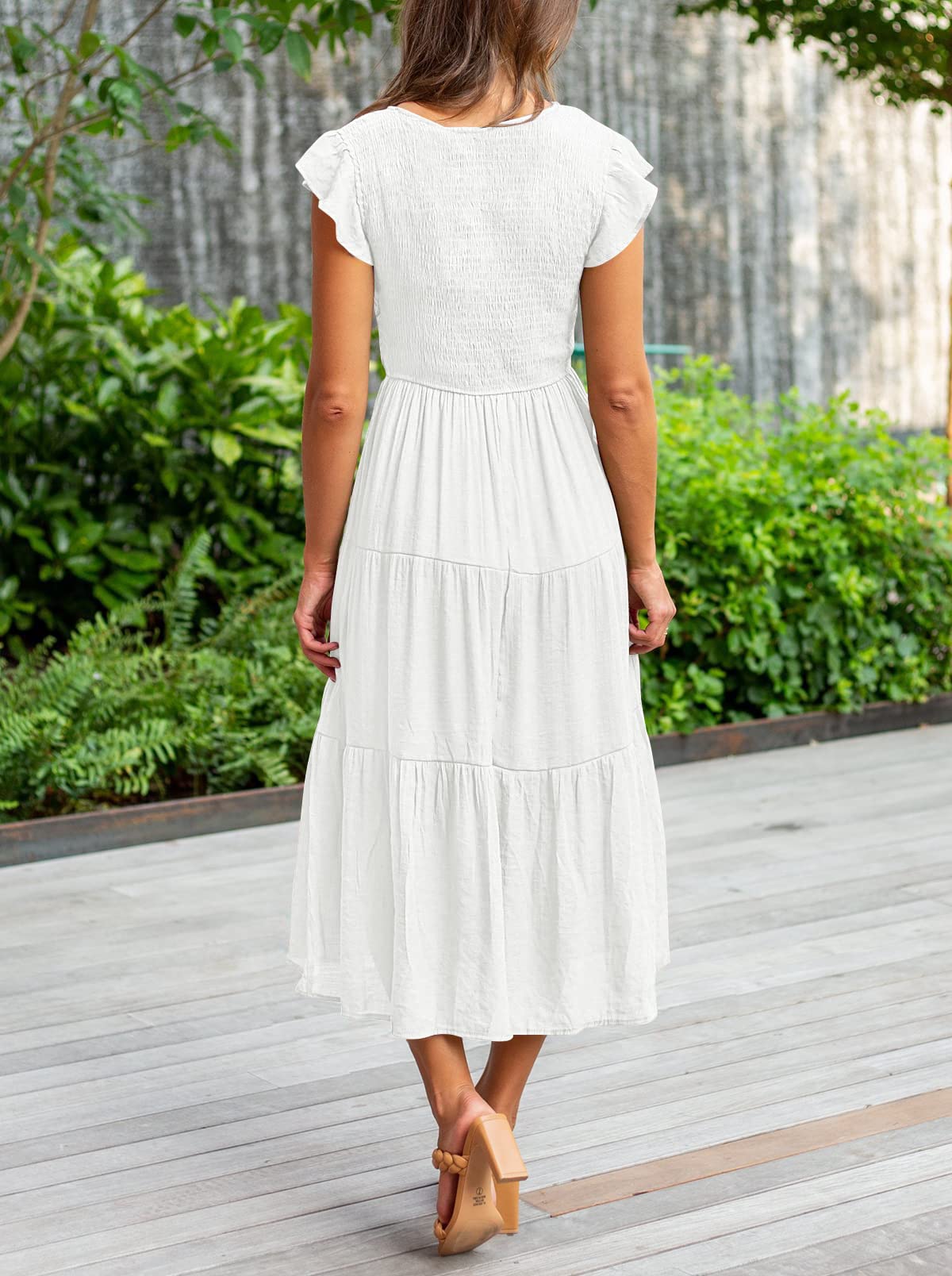MEROKEETY Women's 2025 Summer Smocked V Neck Tiered Swing Long Midi Dress with Pockets, White, XL