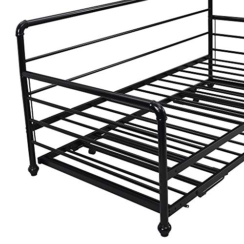 Twin Size Sofa Bed with Adjustable Trundle, Metal Frame Daybed for Living Room and Bedroom, Pop Up Trundle, No Box Spring Needed, Black