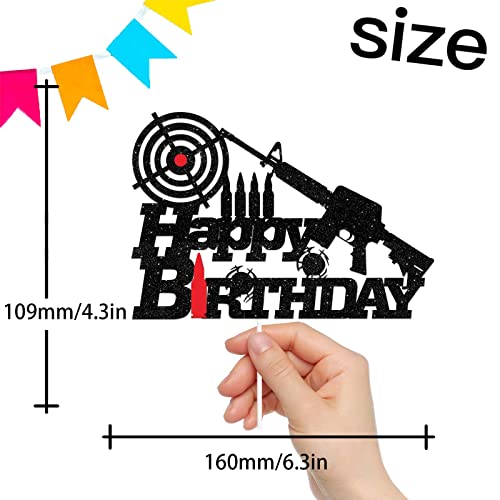 Black Glitter Cake Topper Boy Girl Happy Birthday Party Decorations Heavy Gun Bullet Target Shooting Enthusiast Veteran's Day Theme Decor Supplies