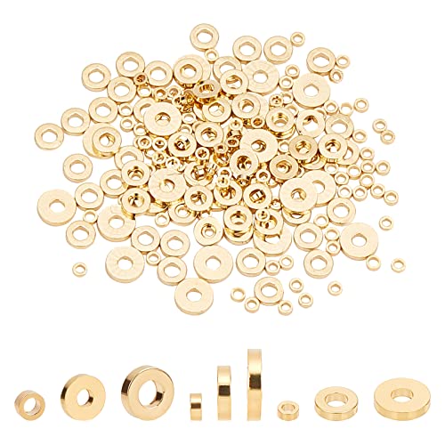 PH PandaHall 3 Sizes Rondelle Spacer Beads, 200pcs Heishi Disc Loose Beads Long-Lasting 18K Gold Plated Beads Flat Round Smooth Spacer Beads for Necklace, Bracelet, Earring Making, 2mm 4mm 5mm