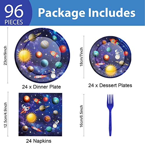 Tevxj 96 Pieces Outer Space Party Decorations Supplies Galaxy Party Tableware Set Outer Space Birthday Party Dessert Plates Napkins Forks for 24 Guests Boy or Girl Party Favors