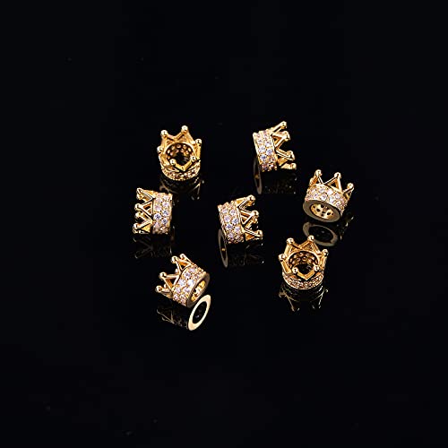 Stiesy 10 Pcs Brass Micro Pave Cubic Zirconia Crown Beads Bulk Long-Lasting Real 18K Gold Plated Spacer Loose Beads for Bracelets Necklace DIY Jewelry Making - 7x5mm