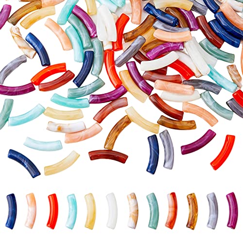 DICOSMETIC 216Pcs 12 Colors Acrylic Imitation Gemstone Bead Curved Long Spacer Connector Curved Chunky Bracelet Bead with 18m Elastic Thread Tube Bangle Bracelets for Women Jewelry DIY Making