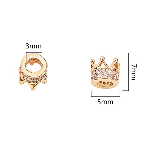 Stiesy 10 Pcs Brass Micro Pave Cubic Zirconia Crown Beads Bulk Long-Lasting Real 18K Gold Plated Spacer Loose Beads for Bracelets Necklace DIY Jewelry Making - 7x5mm