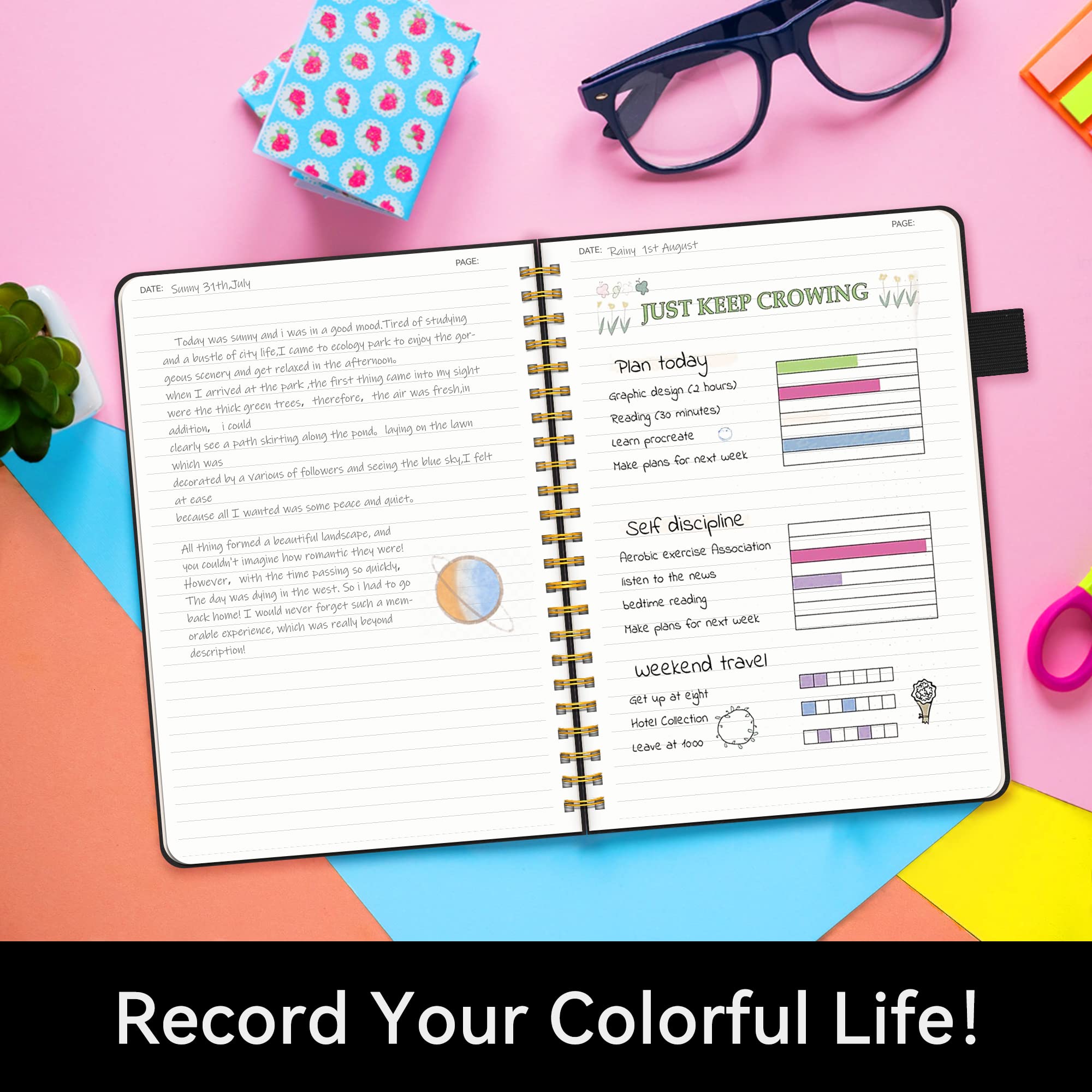 Alltree Lined Journal Notebook, Spiral Notebook for Work, Leather Hardcover Spiral Notebook with Tabs, Pen Loop, Pocket, Stickers, 160 Pages, Journal for Women & Men, Black(6"x8.5")