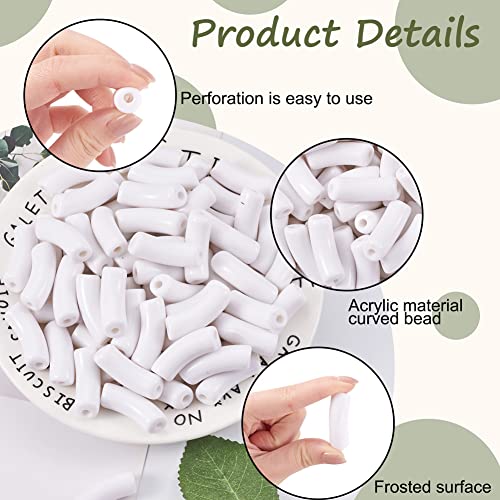 Spritewelry 155pcs/500g Opaque Acrylic Beads Tube Beads Spacer Plastic Curved Noodle Slide Beads Lined Loose Beads Large Hole Beads White for Bracelet Jewelry Making Craft Supplies 34.5mm, Hole: 3.5mm