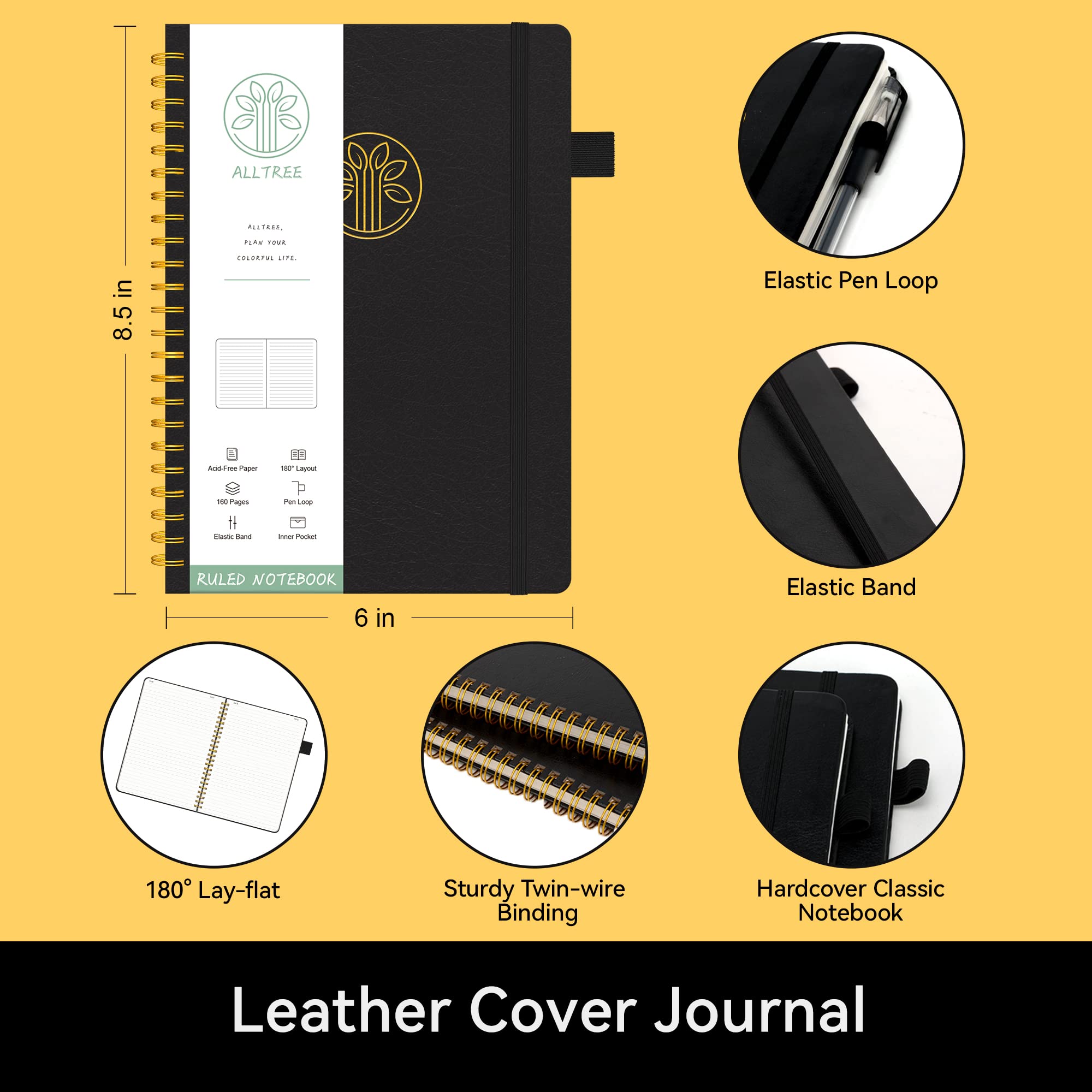 Alltree Lined Journal Notebook, Spiral Notebook for Work, Leather Hardcover Spiral Notebook with Tabs, Pen Loop, Pocket, Stickers, 160 Pages, Journal for Women & Men, Black(6"x8.5")
