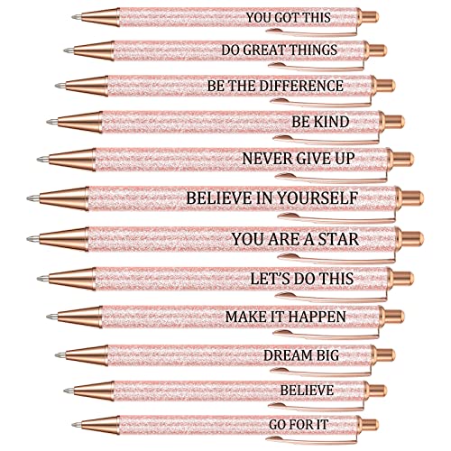 12 Pcs Quotes Sparkly Fancy Pen Inspirational Rose Gold Glitter Ballpoint Pen with Motivational Messages Pretty Cute Pens Metal Inspirational Pen Set Black Ink Pens Writing Pens (Inspirational Style)