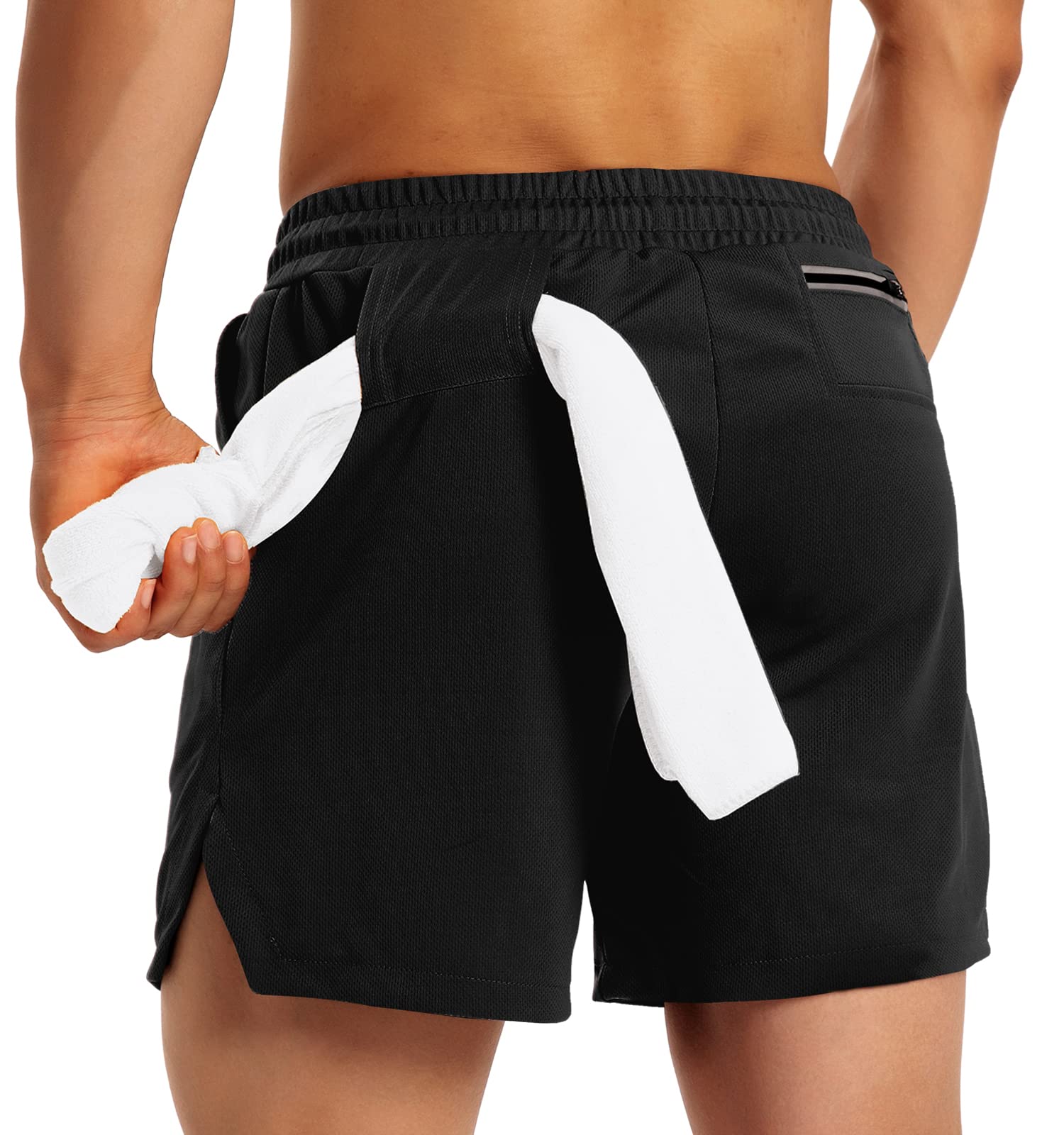 JWJ Mens Workout Shorts 5 Inch Athletic Running Shorts Quick Dry Elastic Gym Shorts for Men Jogging with Zipper Pockets,Black XL