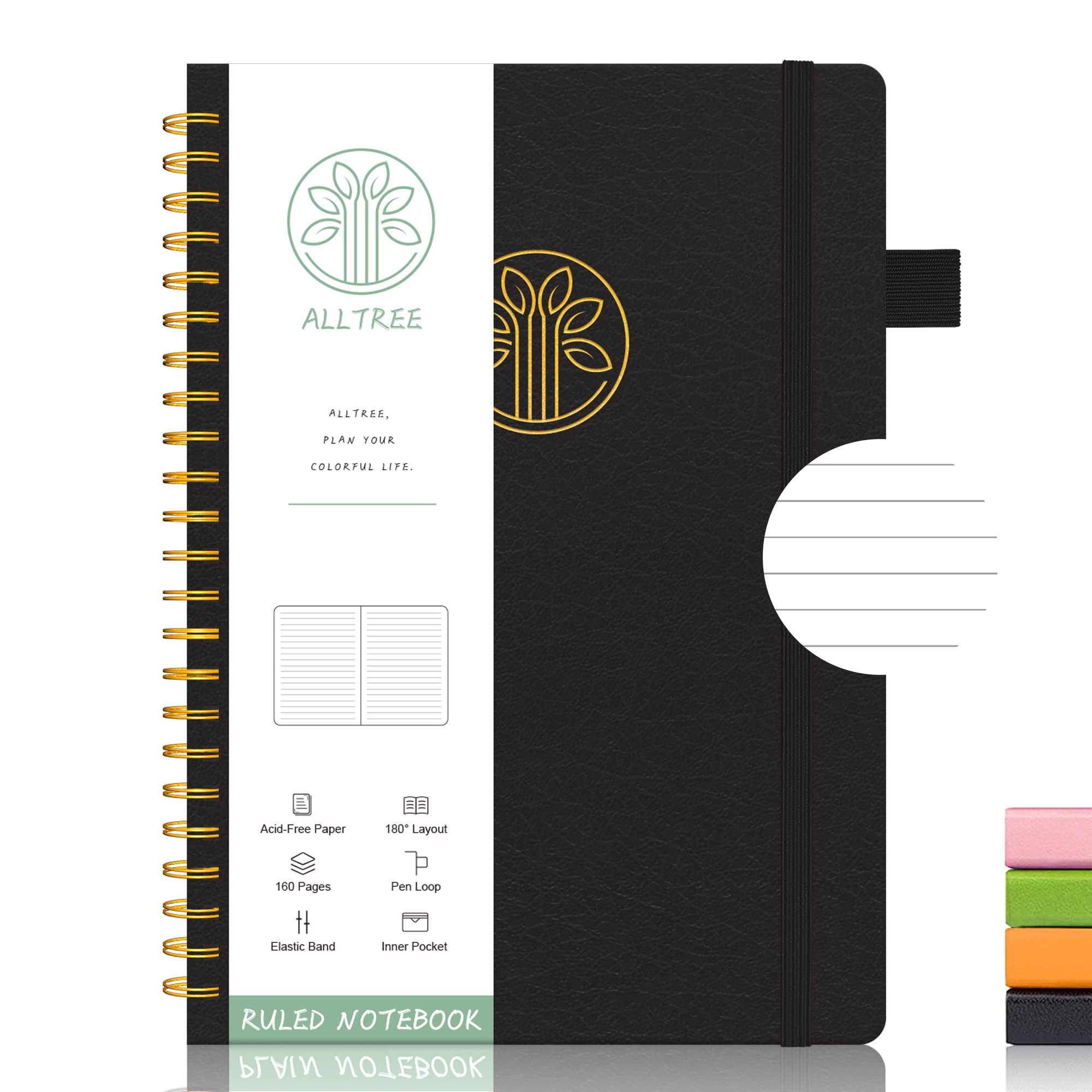Alltree Lined Journal Notebook, Spiral Notebook for Work, Leather Hardcover Spiral Notebook with Tabs, Pen Loop, Pocket, Stickers, 160 Pages, Journal for Women & Men, Black(6"x8.5")